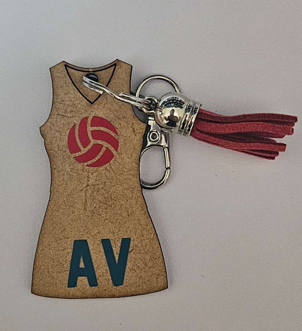 MDF Netball dress keyring with vinyl - MJ Printing - Printing Service